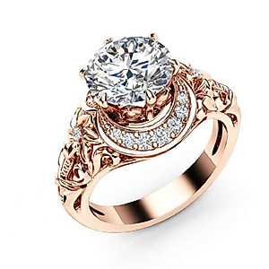 HUKQBUNX 18k Rose Gold morsonite Hollowed Out Flower Flower Crescent Diamond Multi Crystal gem morsonite Women's Precious Fashion Wedding Engagement Diamond Ring Size 6-10 (Size 7)