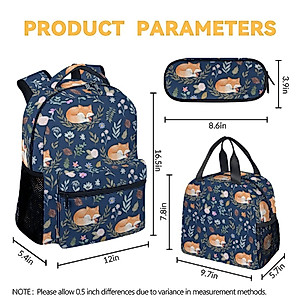 Mercuryelf Fox Girls Boys Backpack with Lunch Box Set, 3 in 1 School Travel Backpacks Matching Combo, Aesthetic Dark Blue Bookbag and Pencil Case Bundle