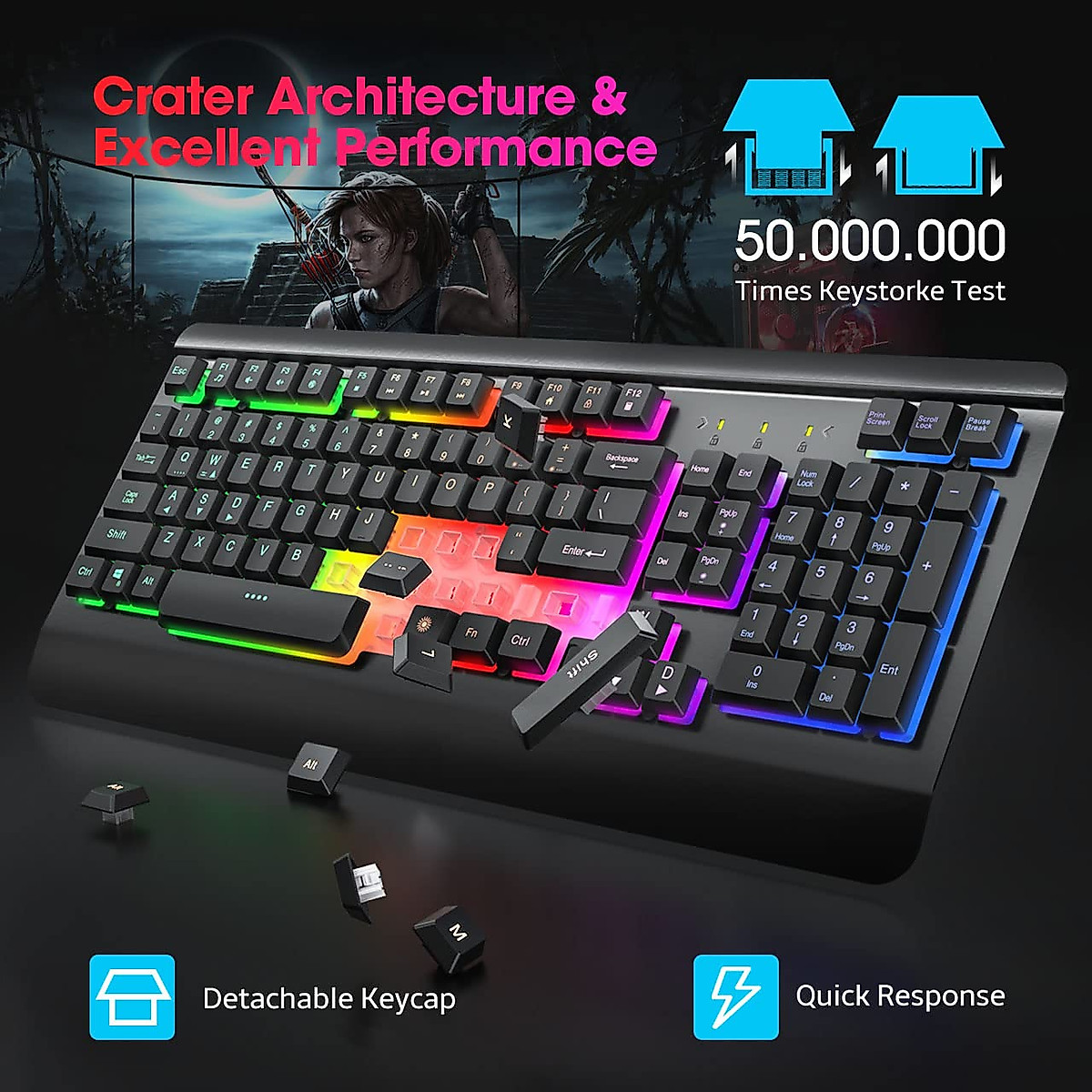 Cudote Gaming Keyboard, USB Wired Keyboard Rainbow Backlit, LED Light Up with Ergonomic Wrist Rest, Multimedia Shortcut Keys, 19 Keys Anti-ghosting, PC for Laptop Desktop Computer, Black