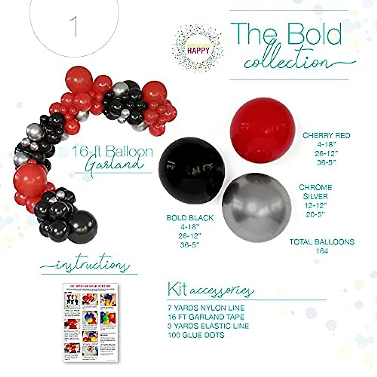 HAPPY - Red Black Silver Balloon Garland Arch Kit - 164 Professional Quality Latex Balloons in 4 Sizes for 30% Fuller 16ft Garland Arch - Graduation, 1st Birthday, Casino, Cars, Lady Bug, Too Fast…