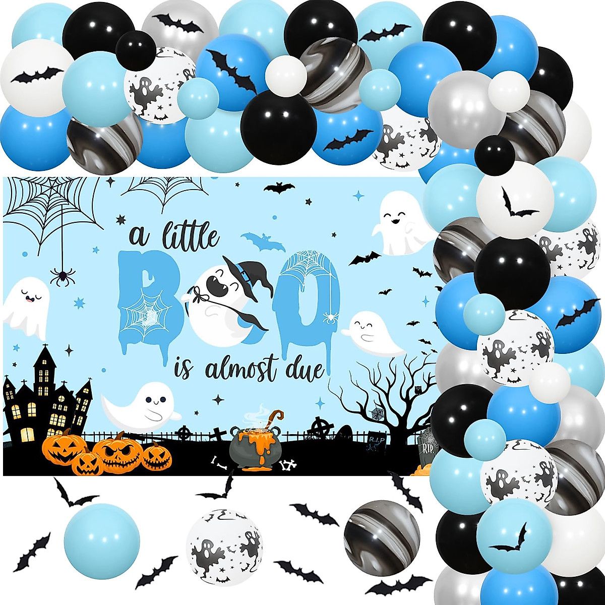 Halloween Baby Shower Party Decorations for Boys, A Little Boo Is Almost Due Backdrop Halloween Blue Black Silver Balloon Garland Kit Bat Wall Sticker White Ghost Foil Balloon