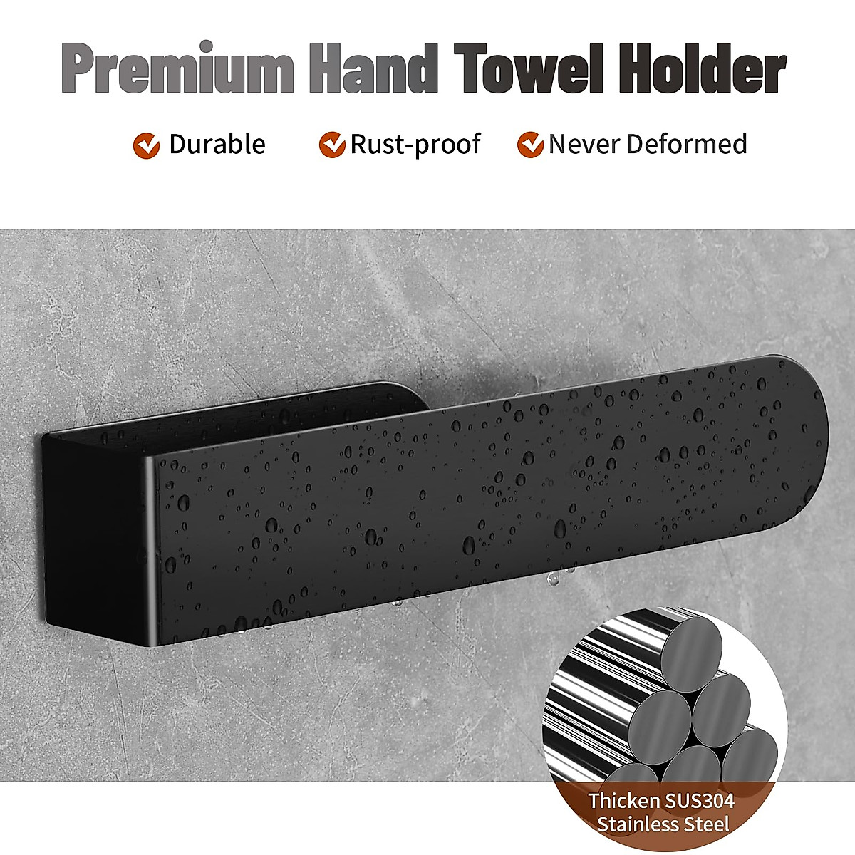 Hand Towel Holder, Self Adhesive Bathroom Towel Holder, SUS 304 Stainless Steel Towel Holder for Bathroom Wall, 8-inch Matte Black Hand Towel Holder for Bathroom, Hand Towel Racks for Bathroom,Kitchen