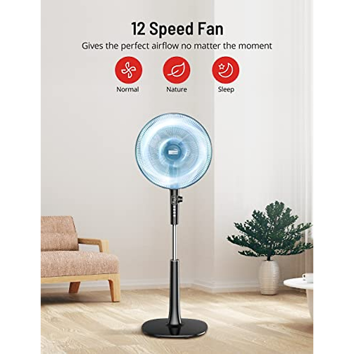 PARIS RHÔNE Fans for Home Bedroom, Oscillating Fan with Remote,16" Standing Floor Fans for Home, Dual Blade with 3 Wind Modes 12 Speed Levels,18-Hour Timer, Adjustable Height 44 to 53.1 Inch, Black