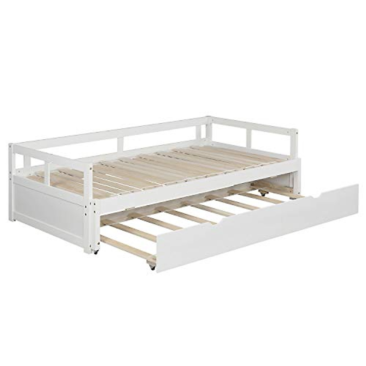 RUNWON Twin to King Extendable Daybed with Trundle,Wooden Platform Bed Furniture for Bedroom