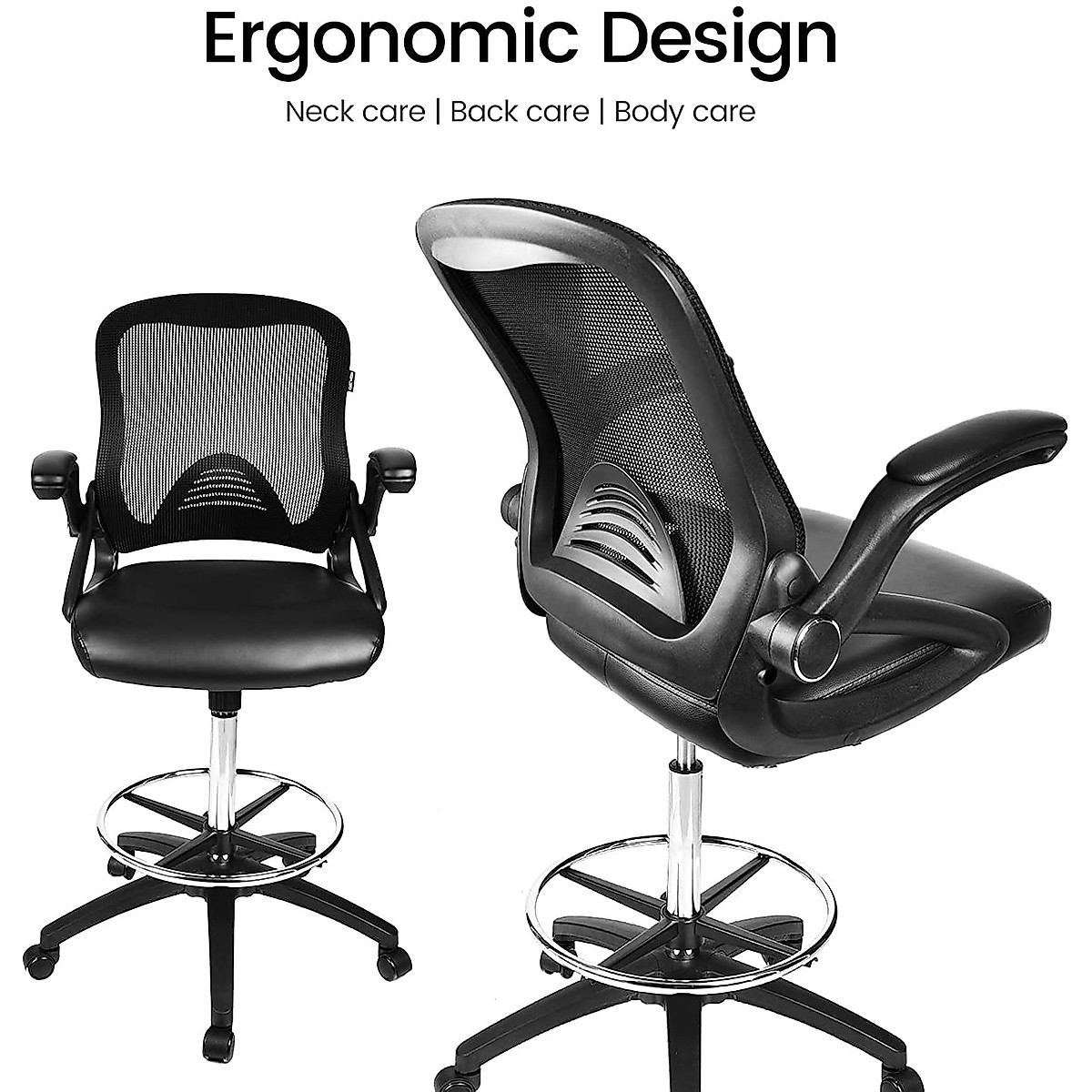 ARTETHYS Drafting Chair with Flip-up Armrests, Tall Office Chair Adjustable Height, Standing Desk Chair rotatable pu Leather seat(Black)