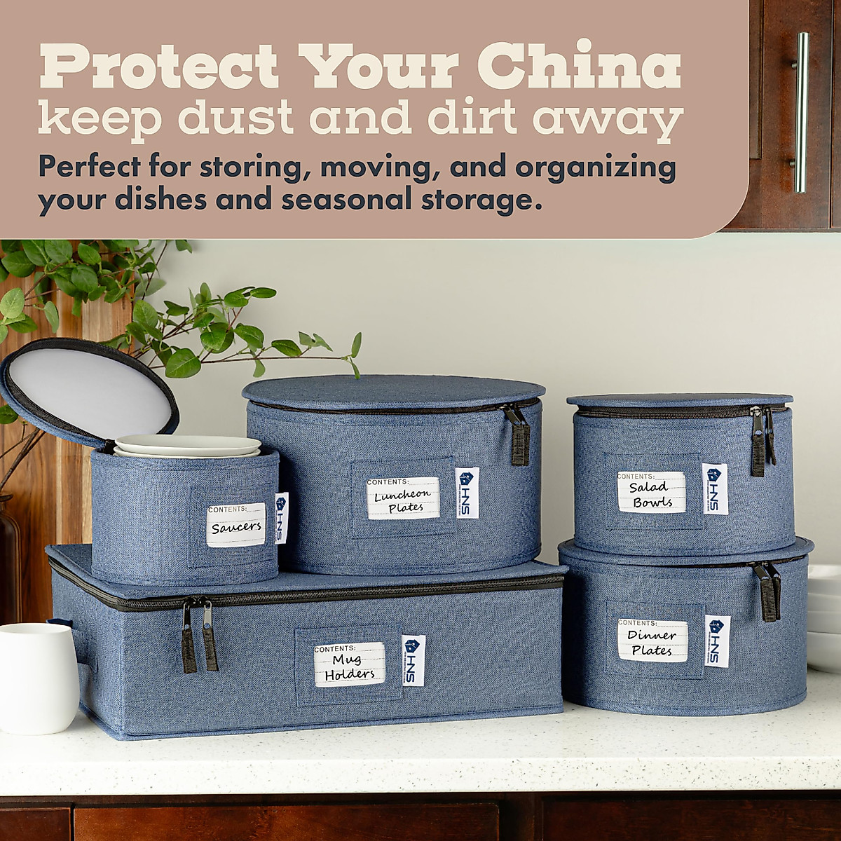 Hard Shell China Storage Containers 5-Piece Set Moving Boxes for Dinnerware, Glasses, Plates, Mugs and Saucers Sturdy Dish Organizer with Dividers for Seasonal Storage - Service for 12 - Denim Blue