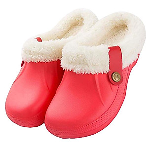 TooTu Waterproof Slippers Women Men Plush Lined Clogs Winter Garden Shoes Warm House Slippers Indoor Outdoor Red