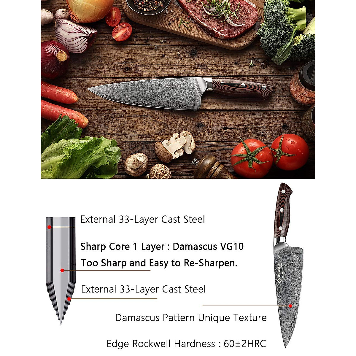 Damascus Chef Knife 8 Inch Kitchen Knives Professional Super Steel VG10 High Carbon Stainless Very Sharp Damascus Steel Knife Comfortable Ergonomic Micarta Handle Luxury Gift Box