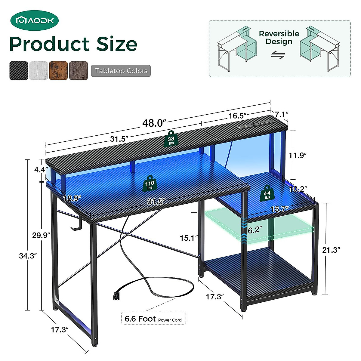 AODK Computer Desk, 48 Inch Gaming Desk with Led Lights & Power Outlet, Office Desk with Printer Storage Shelves, Reversible Desk with Monitor Shelf & Headphone Hook, Carbon Fiber Black