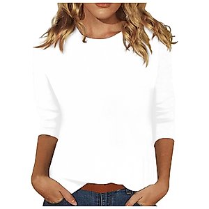 Elbow Length Sleeve Shirts Vintage Floral Print 3/4 Sleeve Tops Elbow Sleeve T Shirts Ropa De Verano para Mujer Blouse Crew Neck Pullover Tunic Tops White S