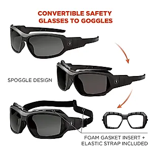 Ergodyne - 56033 Skullerz Loki Convertible Anti-Fog Safety Sunglasses, Smoke Lens- Includes Gasket and Strap to Convert to Goggle Anti-fog Smoke Lens, Black Frame