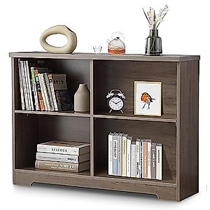 Grey Bookcase with Open Adjustable Shelves, 2-Tier Bookcase 4 Cube Bookshelf Organizer, Small Bookcase Wood Storage Display Cabinet for Living Room, Office, Classroom, Kid’s Room.