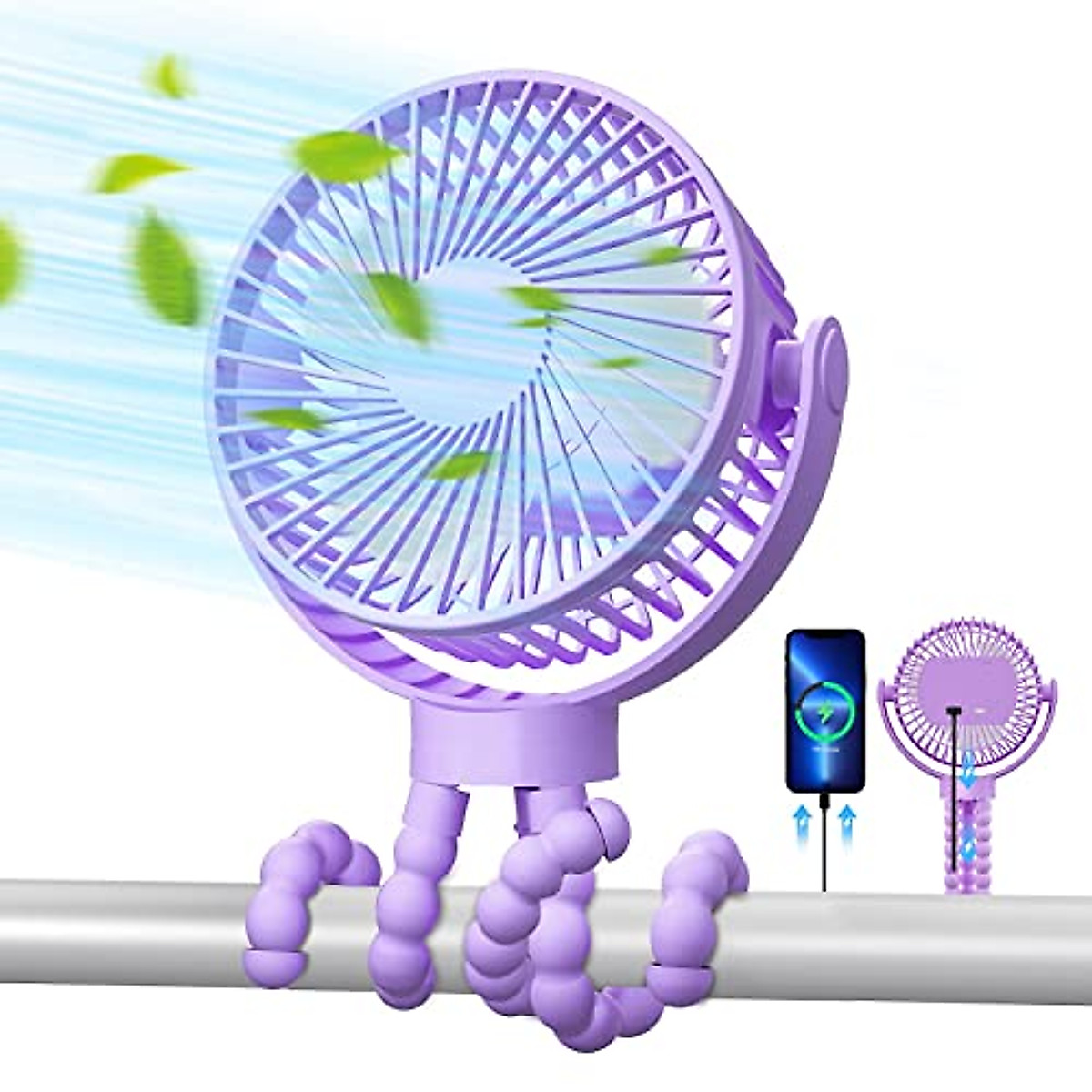 Portable Fan, Stroller Fan 60Hrs 12000mAh Battery Operated Fans USB Rechargeable Small Fan for Bedroom, Desk, Personal Handheld, Clip on Fan for Baby Stroller, Travel, Car Seat, Peloton, Bed, Camping