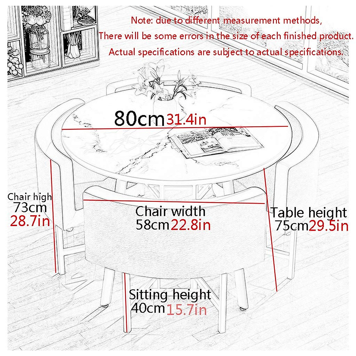 5-Piece Round Dining Table Set for 4, Round Kitchen Dining Table 80cm 1 Table 4 Chairs Table and Chair Set,Office Reception Table and Chair Set,Coffee Table and Chair Set,for Family Apartment