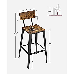 VASAGLE Set of 2 Bar Stools, Bar Height Stools, Tall Bar Stools with Back, Bar Chairs, Steel Frame, Industrial Style, Easy Assembly, Rustic Brown and Black ULBC078B01