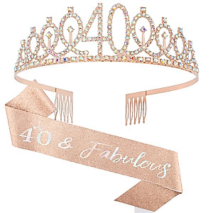 40th Birthday Sash & Rhinestone Crown Kit- Happy 40th Birthday Gifts Women 40th birthday decorations women (AB rose gold)