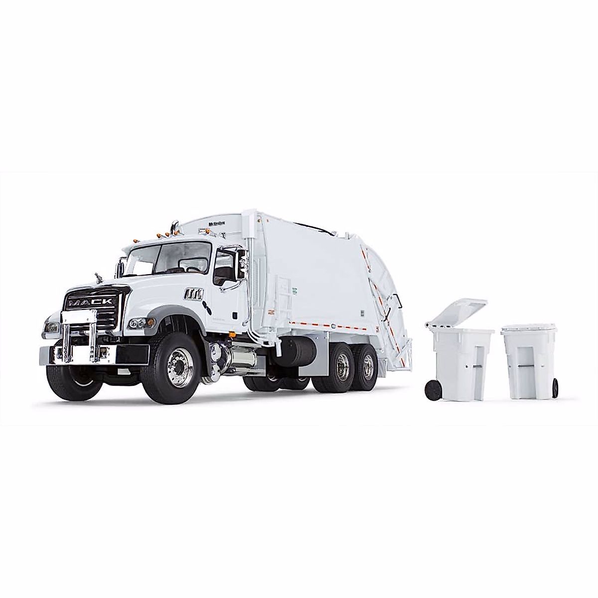 First Gear White/White 1/34 scale Mack Granite MP with McNeilus Rear Loader and Trash Carts
