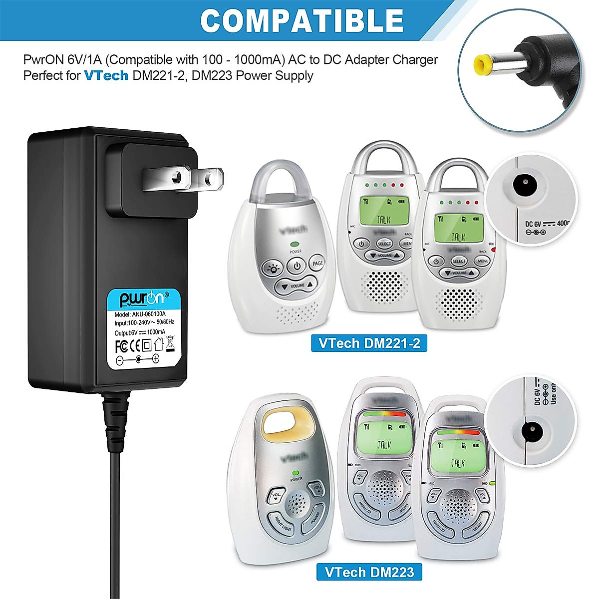 PwrON 6V AC DC Adapter for Vtech Safe & Sound Baby Monitor DM221 DM221-2 DM223 DM251 (Parent & Baby Units) and DM111 DM222 DM271 (Parent Unit Only) Replacement Power Supply Cord