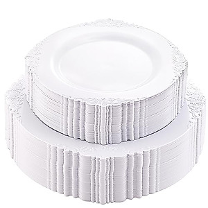 Morejoy 100PCS White Plastic Plates - White Disposable Plates - Include 50 Pieces 10.25 Inch Dinner Plates & 50Pieces 7.5 Inch Dessert Plates - Perfect for Weddings & Thanksgiving & Christmas