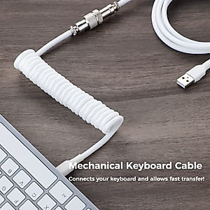 POWSURGE Keyboard Cable, 1.5m/59in Type-C to USB Detachable Coiled Cable with Metal Aviation Connector, Double-Sleeved Anti-Twist Data Cable for Mechanical Gaming Keyboards, White (White)