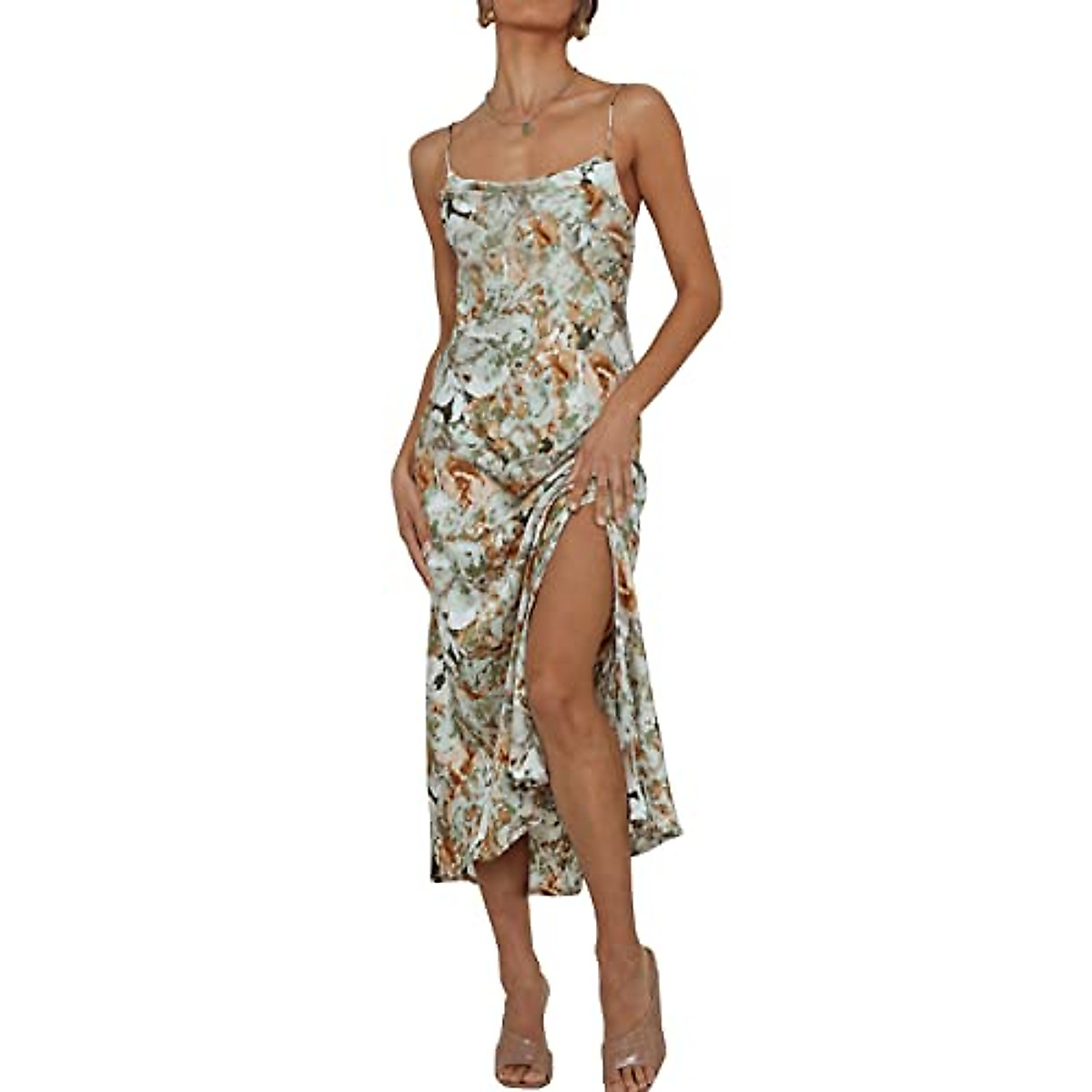 Cantonwalker Women's Satin Spaghetti Straps Cowl Neck Sexy V-Back Cross Slip Cocktail Formal Midi Dress 0238 (S, Green Floral)