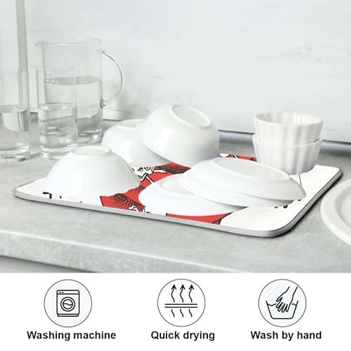 Red Skull Scarf Bulldog Black White Dish Mat Memory Foam Dish Drying Mat 16 X 18 Kitchen Mat Counter Dish Drainers Mat Dryer Kitchen Mat