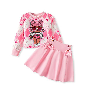 L.O.L. Surprise! Girl Skirt Set Long Sleeve Letter Print Sweatshirt Plaid/Pink Smocked Skirt Set 2PCS Clothes Set Outfit Pink 10-11 Years