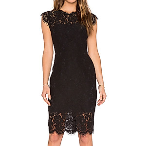 MEROKEETY Women's Sleeveless Lace Floral Elegant Cocktail Dress Crew Neck Knee Length for Party, Black, Large