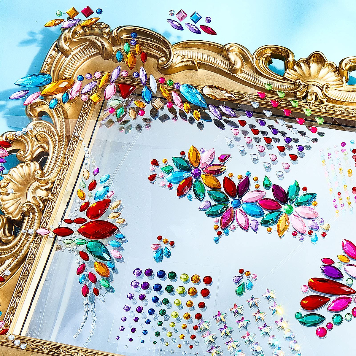 10 Sheets Face Gems Face Rhinestones Mermaid Jewels Rave Eyes Face Body Temporary Tattoos Stickers Glitter Crystal Tears Gem Stones Stickers for Festival Party (Rainbow Style)