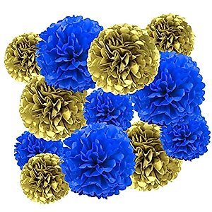 Navy Blue and Gold Tissue Paper Pom Poms Hanging Tissue Flowers Poms Decorations Pack of 12 for Wedding, Birthday,Party Backdrop Decor ect. (12", 10",Tissue Paper Flowers)