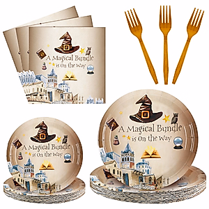 Sunnyray 96 Pieces Magical Wizard Baby Shower Plates and Napkins a Magical Bundle Is on the Way Baby Shower Party Supplies Dessert Plates Napkins Forks for 24 Guests