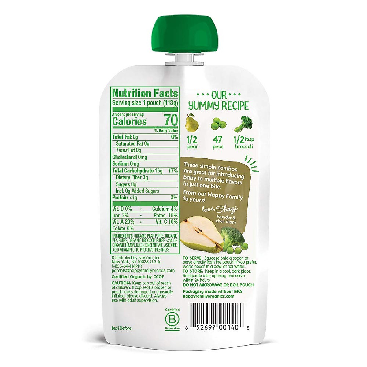 Happy Baby Organic Stage 2 Baby Food, Simple Combos, Broccoli, Pears & Peas, 4 Ounce (Pack of 16), 64 Ounce