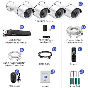 《𝟑𝟔 𝐈𝐧𝐟𝐫𝐚𝐫𝐞𝐝 𝐋𝐄𝐃 𝟏𝟎𝟎𝐟𝐭 𝐒𝐮𝐩𝐞𝐫 𝐍𝐢𝐠𝐡𝐭 𝐕𝐢𝐬𝐢𝐨𝐧》POE Security Camera System with 4K NVR,4PCS 5MP IP Wired Security Camera with 1TB HDD for Indoor Outdoor