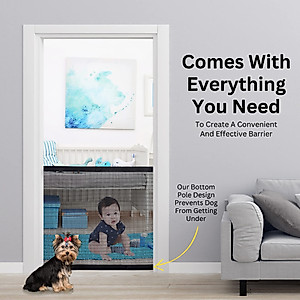 Dog Gates for The House,JG Baby Retractable Mesh Dog Gate,for No Drilling Portable Folding Child's Baby Gates Install Anywhere 3 Poles Avoid Pets from Passing Underneath 30'' X 39'', 3 Poles 8 Hooks