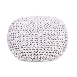 BIRDROCK HOME Round Pouf Ottoman | Cotton Braided Foot Stool with Bean Bag Filling | Boho Foot Rest for Living Room & Bedroom | Compact & Comfortable Seating, Lightweight & Soft | Ivory