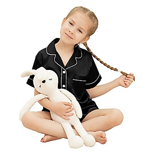 SWOMOG Kids Silk Satin Pajamas Set Girls Boys Button-Down Sleepwear Short Sleeve 2 Piece PJs Sets Lounge Sets Black 120 CM