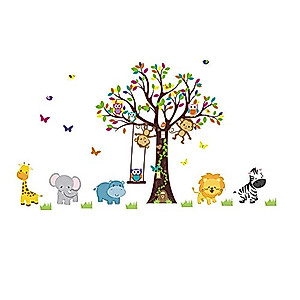 Runtoo Animals Tree Wall Decals Monkey Giraffe Elephant Wall Art Stickers for Kids Bedroom Baby Nursery Wall Décor