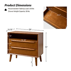 HULALA HOME Nightstand with Charging Station, Set of 2 Mid-Century Modern 2 Drawer and Open Shelf Dresser for Bedroom, Fluted Bedside Table, Acorn