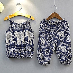 2Pcs/Set Kids Baby Girls Elephant Jumpsuit Romper, Straps Tops+Harem Pants Outfit (2-3 Years, Blue)