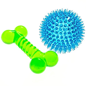 Knivel Spiky Ball and Bone for Small Dogs - Puppy Teething Toys Bone Dog Toy Set for Smart Newborn Pet - Doggy Interactive Chew Mini Dental