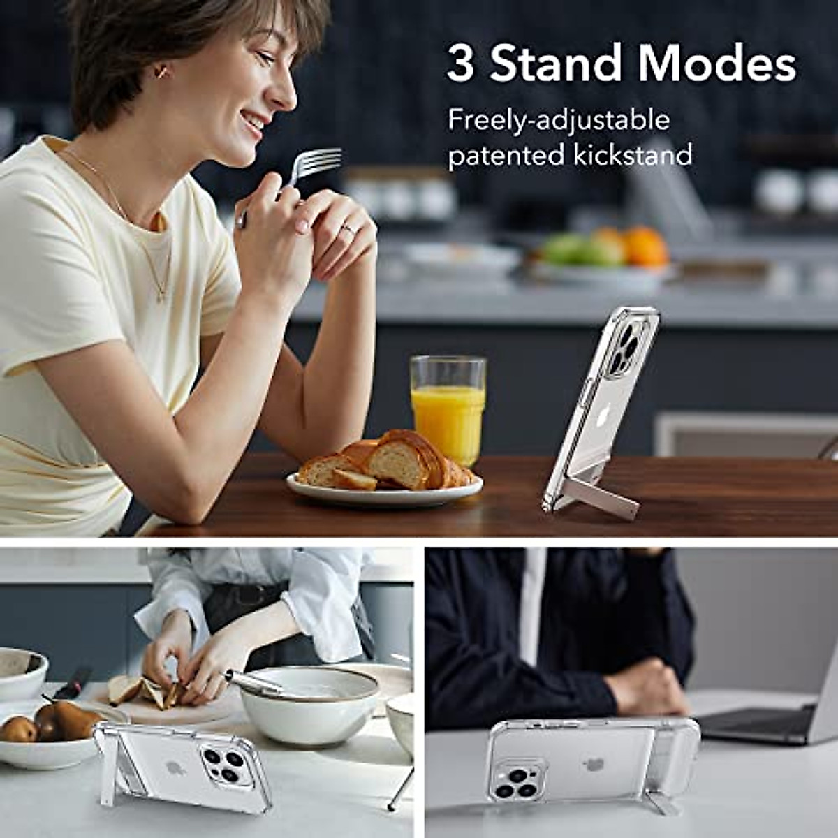 ESR for iPhone 14 Pro Case, 3 Stand Modes, Military-Grade Drop Protection, Supports Wireless Charging, Slim Back Cover with Stand, Phone Case for iPhone 14 Pro, Metal Kickstand Case, Clear