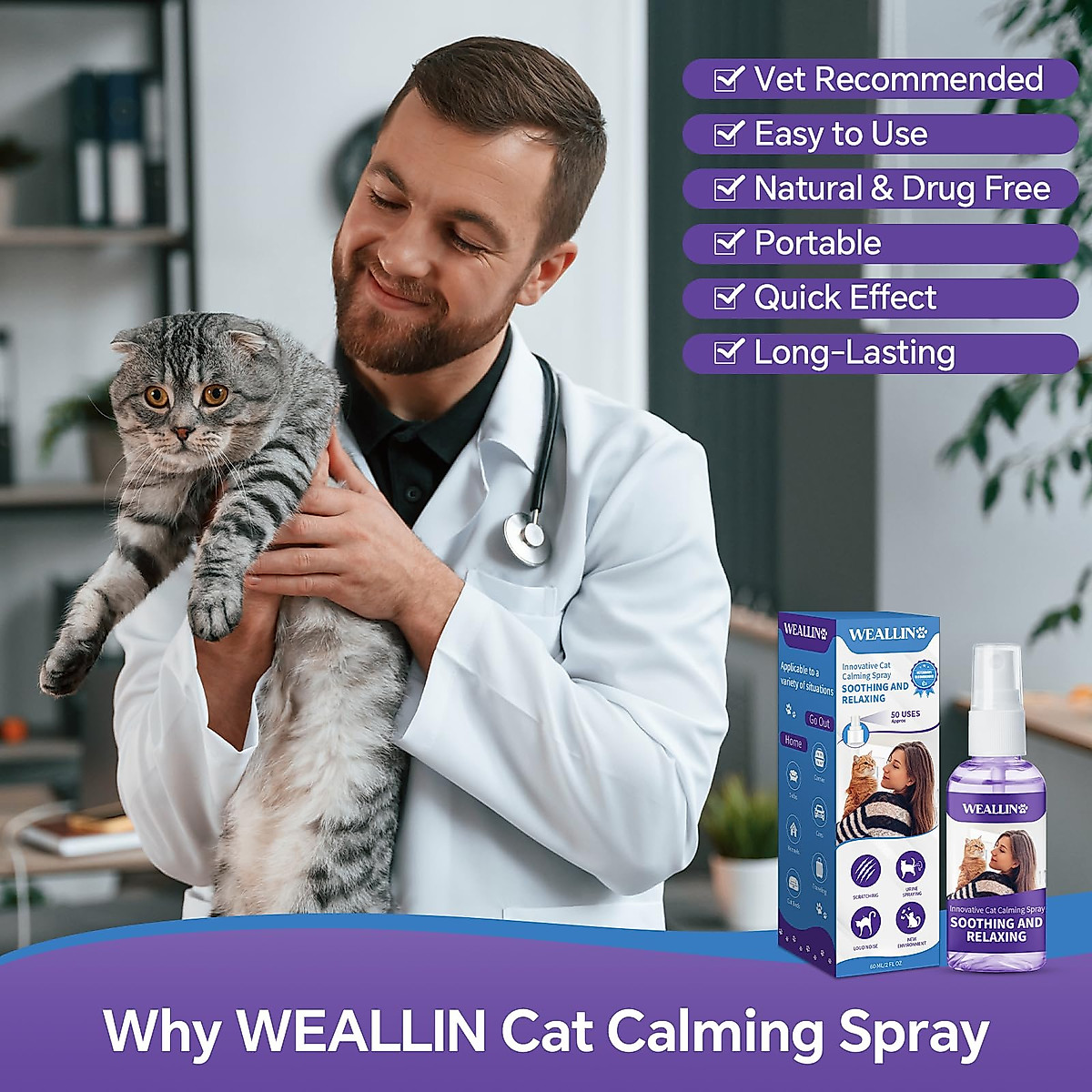 WEALLIN Cats Calming Spray (60 ML), Natural Calming Solution for Cats-Cat Facial Pheromone, Reduce Stress, Anxiety, Scratching, Hiding, Suit for Home, Travel, Vet Visits, Protect Furniture, Floors