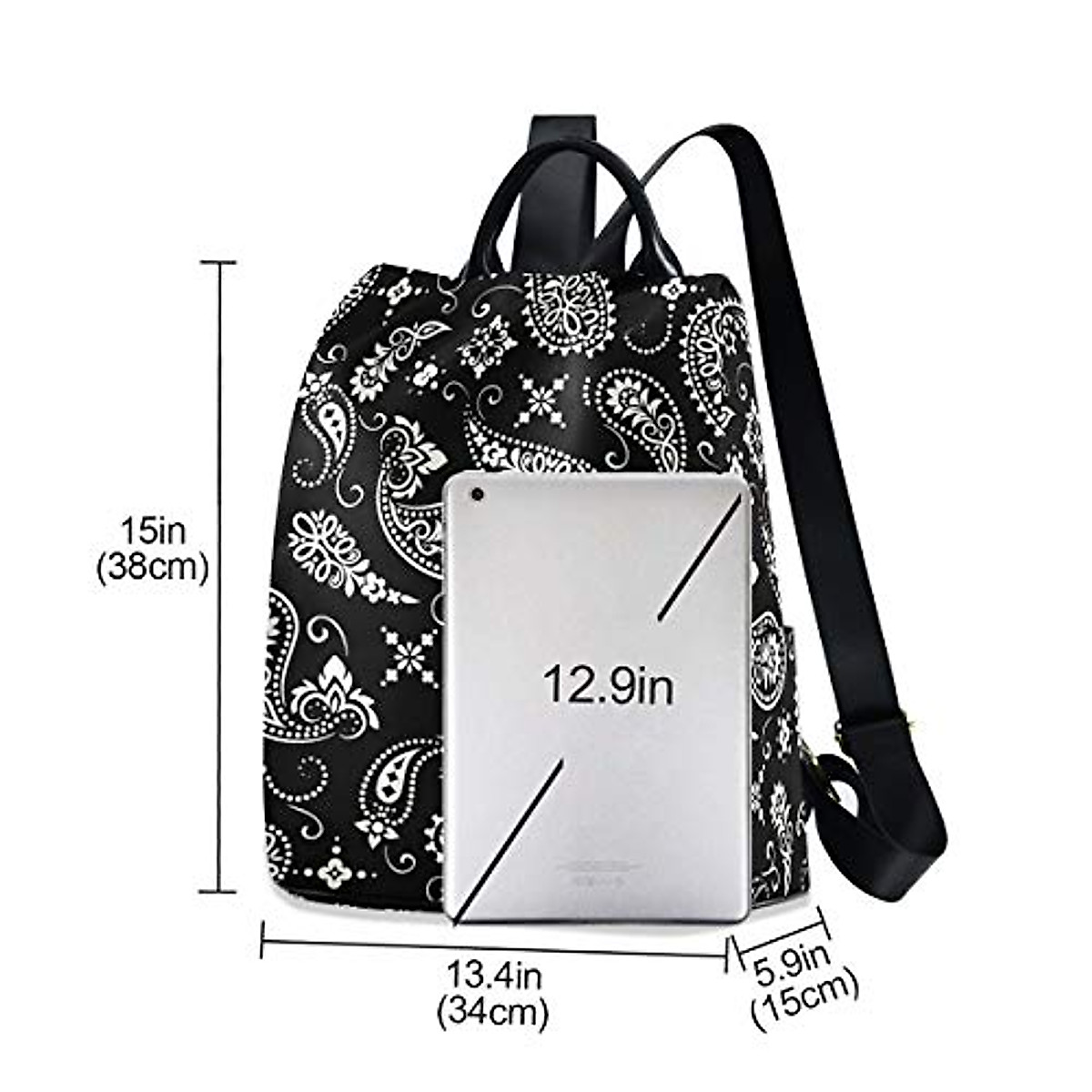 ALAZA Ornament Paisley Bandana Print Black Backpack Purse for Women Anti Theft Fashion Back Pack Shoulder Bag