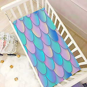 Kigai Sea Mermaid Scale Stretchy Fitted Crib Sheets Soft and Breathable Portable Crib Mattress Topper for Boys and Girls 28x52 in