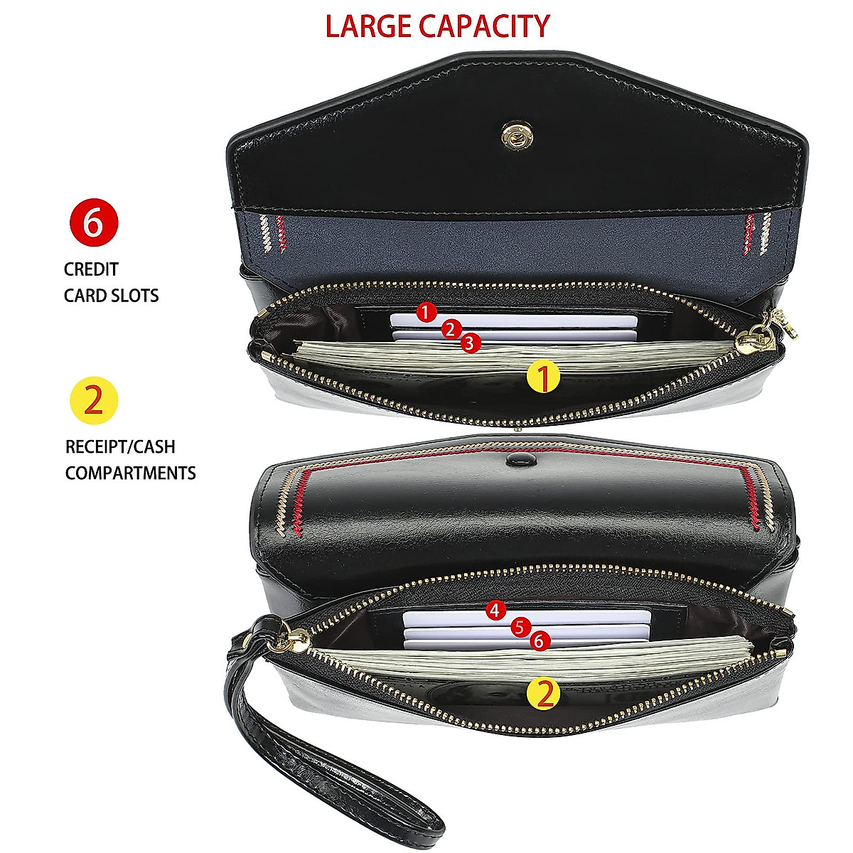 ENYISDAN Detachable Wristlet Wallets for Women 2-in-1 Long Purse Clutch Embroidery Leather Zip Black