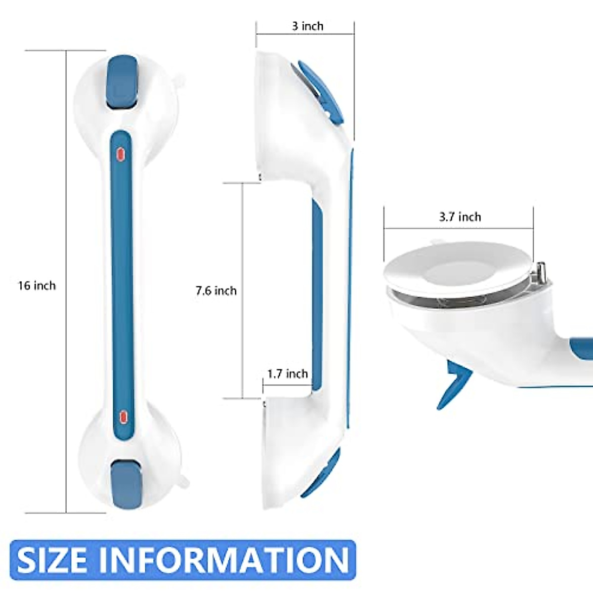2 Pack Suction Cups Grab Bar 16 Inch, Zepolu Anti-Slip Bathroom Grab Bar Safety Balance Handrail, Handicap Elderly Senior Injury Disable Vacuum Suction Assist Shower Handle (1.25" Diameter, Blue)