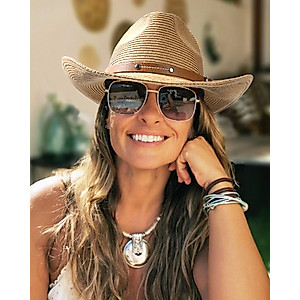 FURTALK Straw Cowboy Sun Hats for Women Men Western Cowgirl Hats with Wind Lanyard UPF 50+ Beach Hat Khaki