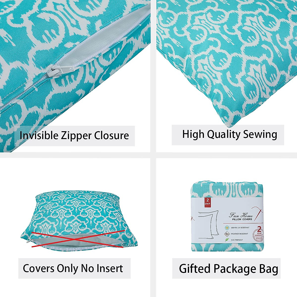 FUNHOME Outdoor Throw Pillow Covers 18x18 inch Set of 2,Waterproof Decorative Pillows Cover with Hidden Zipper,for Sofa Headrest,Patio Furniture Couch Chair,No Insert(Romantic Blue)