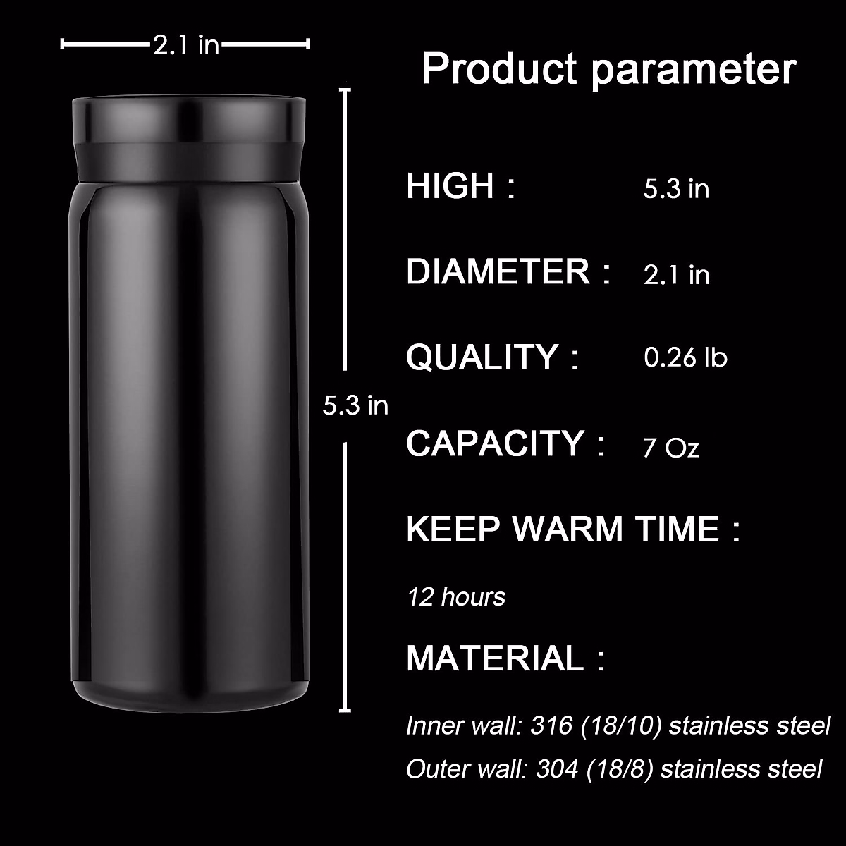 Mini Thermos Cute Water Bottle - 7 oz Tiny Insulated Vacuum 18/10 Stainless Steel Small Flask - Leak Proof & Spill Proof & Keeps Cold and Hot for Drink, Coffee, Tea - Black