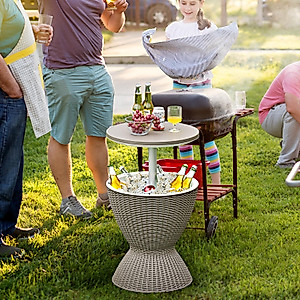 Giantex Cool Bar Table, 8 Gallon Beer and Wine Cooler, Rattan Style Patio Bar Tables, Height Adjustable, 3-in-1 Ice Cooler with Drainage Plug, Outdoor Cocktail Table for Deck Pool Party (Coffee)